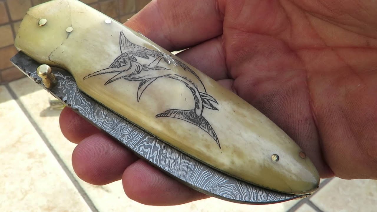 DKC-77 Marlin Bone DKC Knives Custom Hand Made Damascus Hunting Pocket ...