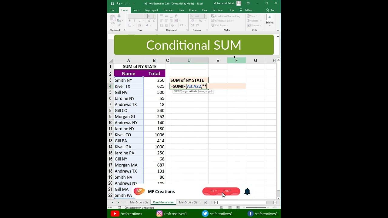 Conditional SUM Using Sumif Function in Excel | Excel | Tutorials | Youtube Shorts #shorts # ...