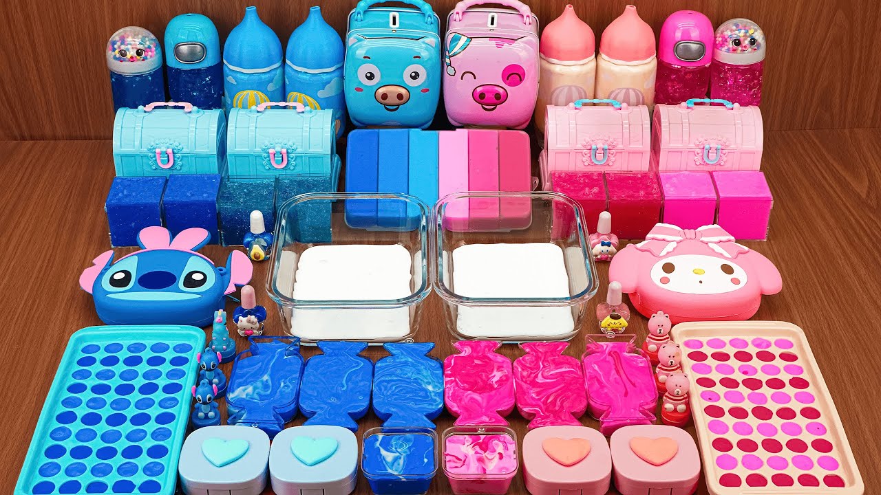 Blue Stitch and Pink Sanrio Melody 💗💙 Mixing random into Glossy Slime I ...