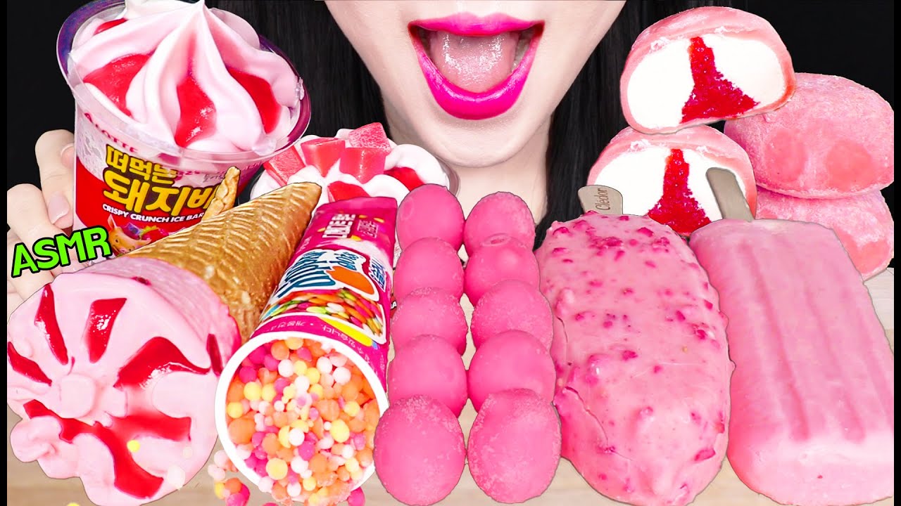ASMR PINK ICE CREAM PARFAIT, DIPPIN' DOTS POP, CRUNCH ICE CREAM 딸기 아이스 ...