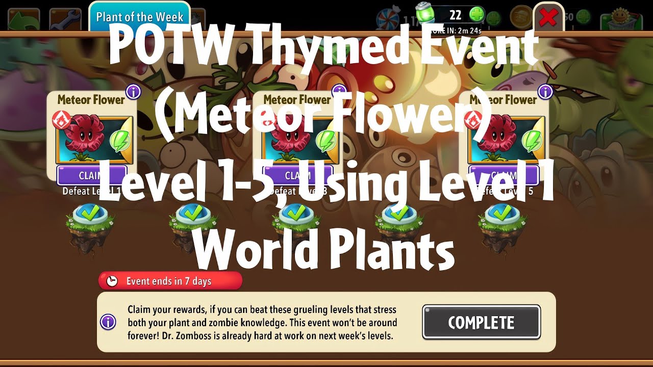 PvZ2 POTW Thymed Event (Meteor Flower), Level 1-5, Using Level 1 World ...