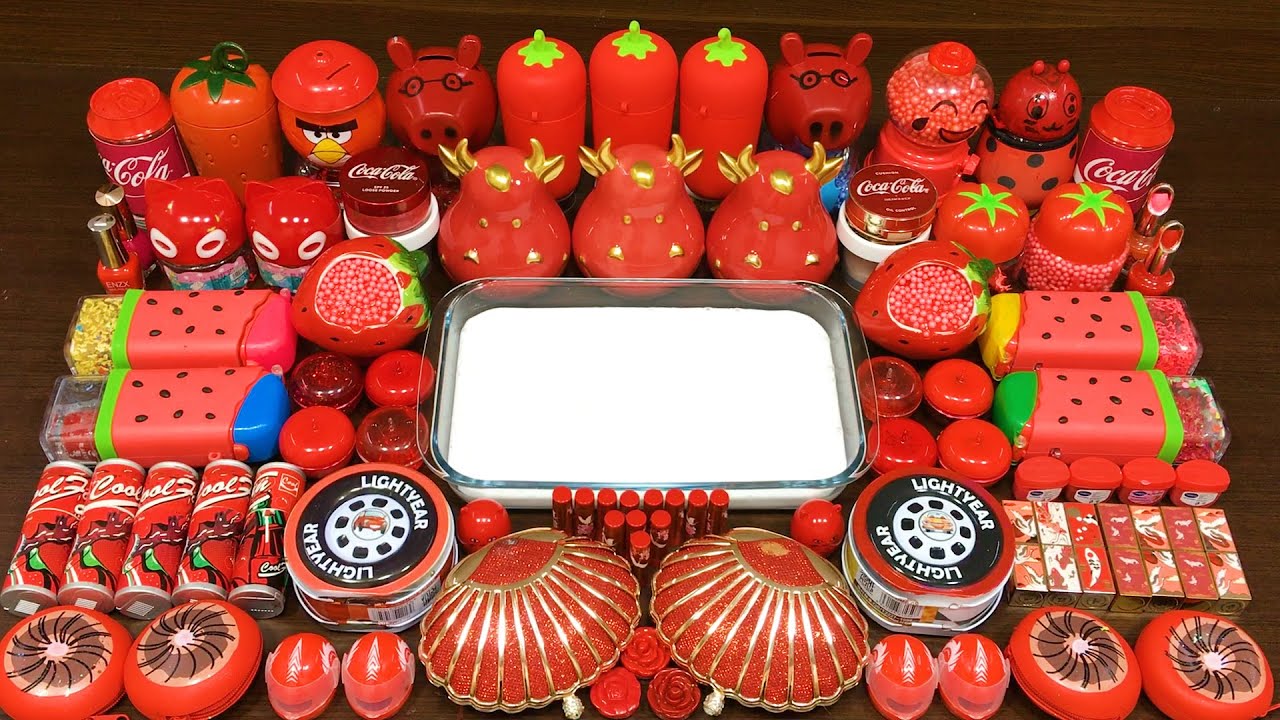 RED Slime ! Mixing Random Things into GLOSSY Slime ! Satisfying Slime ...