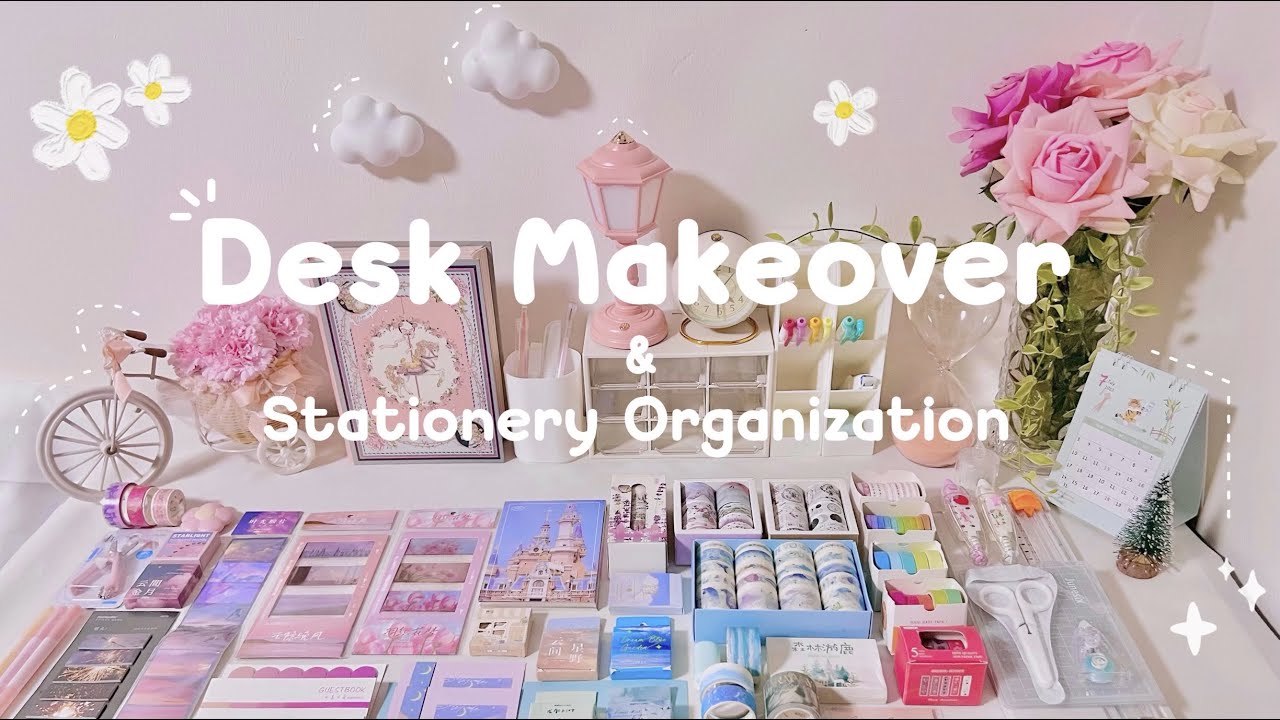 ASMR Aesthetic Desk Makeover + Stationery Organization 🎀⌇ Organize with me 🌷꒱° minimal pastel ...