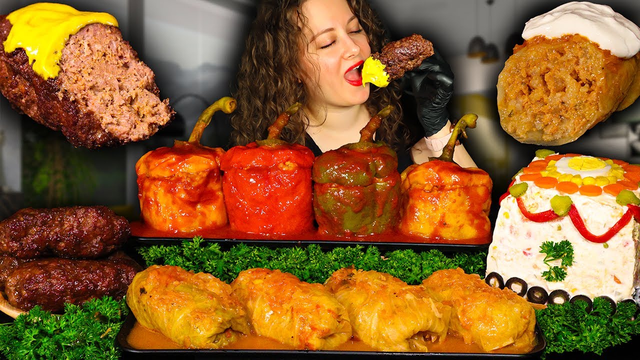 STUFFED BELL PEPPERS MUKBANG | STUFFED PORK CABBAGE ROLLS | JUICY ...