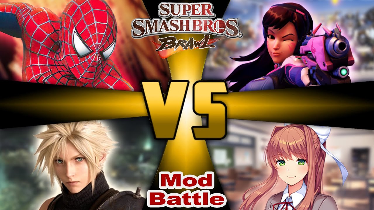 SSBB Mod Battle | Spider-Man VS D.Va VS Cloud VS Monika - YouTube