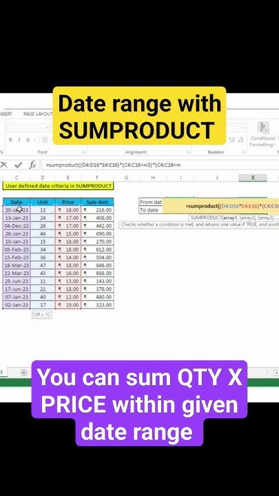 Date range in SUMPRODUCT #excelformulas #excel - YouTube