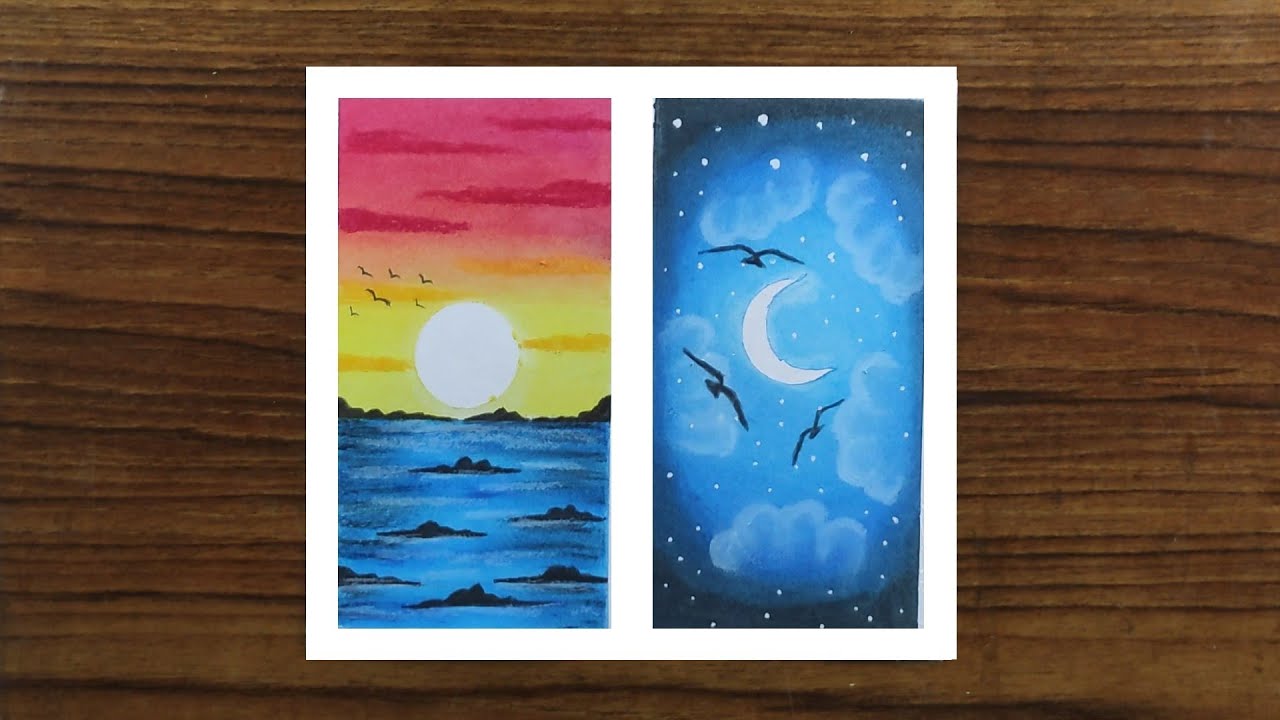 How to draw / Moonlight night and sunset scenery drawing for beginners ...