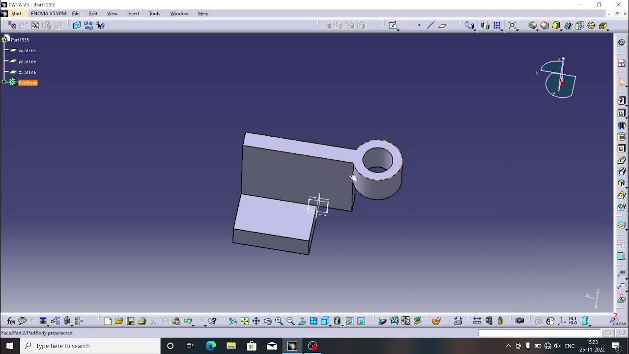 new part design using pad, pocket, quick trim .project 3D element in catia v5 - YouTube