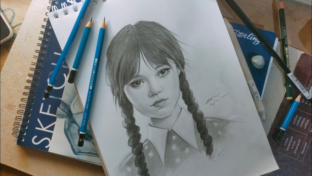 wednesday addams jenna ortega drawing timelaps - YouTube