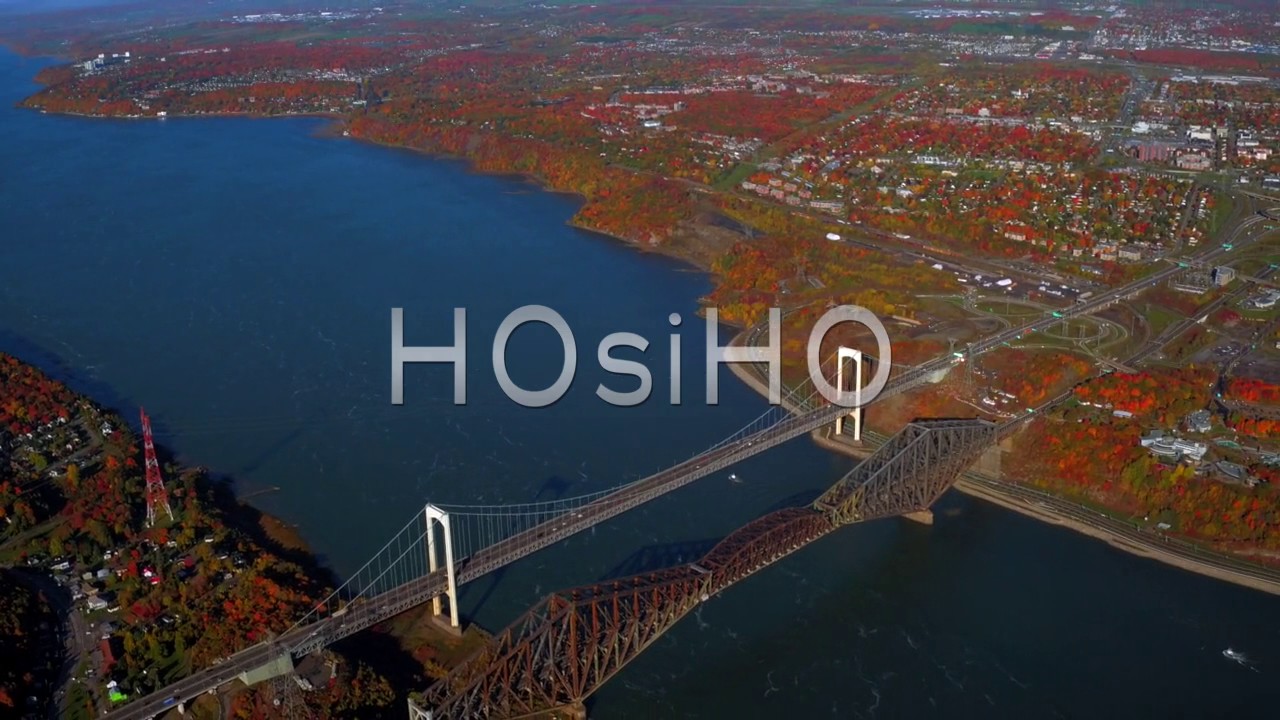 Aerial view of PIERRE LAPORTE AND QUEBEC BRIDGE ON ST LAWRENCE RIVER ...