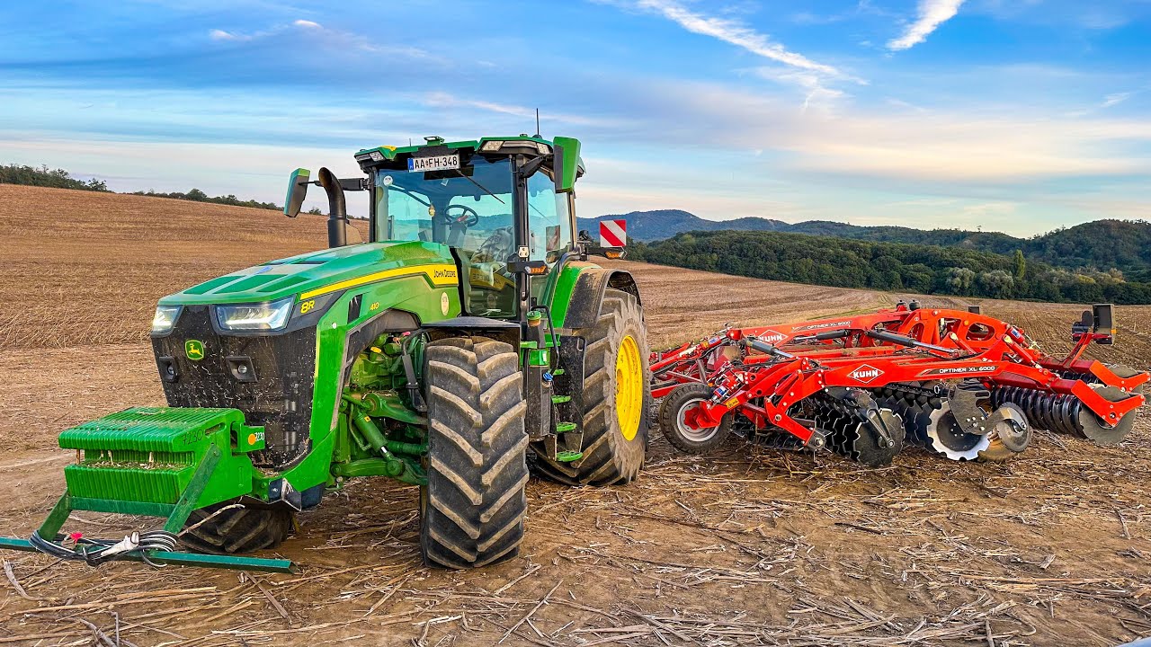 JD 8R 410 + KUHN Optimer XL 6000 tárcsa + aprító henger | Napraforgó ...