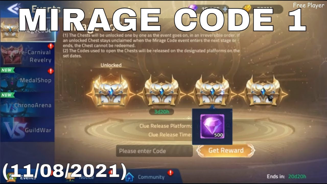 MIRAGE CODE 1 (11/08/2021) - 500 DIAMOND MOBILE LEGENDS ADVENTURE - YouTube