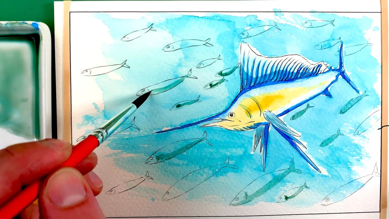 Swordfish watercolor painting tutorial for page 2 of the Ocean life ...