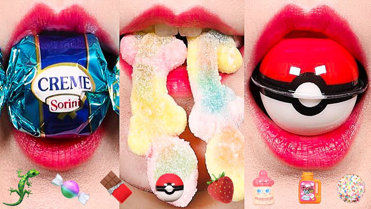asmr POKEMON CHOCOLATE LIZARD STRAWBERRY JELLY BUBBLE GUM EMOJI EATING ...