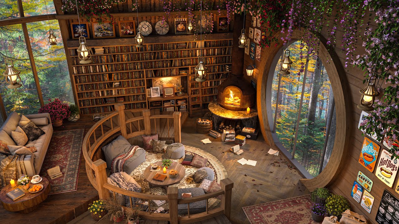 Cozy Morning at Coffee Shop Bookstore - 4K Jazz Music with Fireplace ...