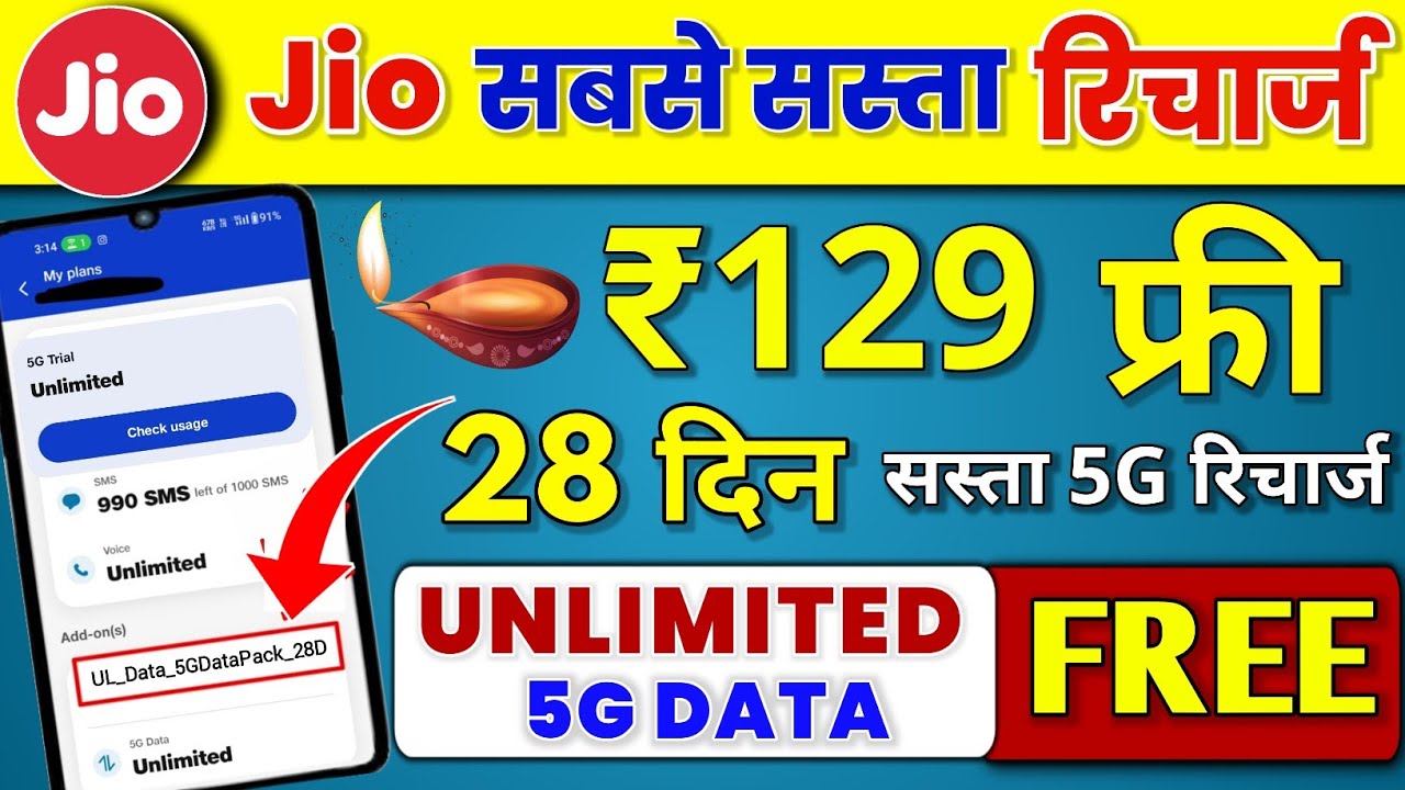 Jio सस्ता 5G रिचार्ज | Jio Diwali Offer ₹129 में Free Unlimited 5G Data With 28 Days | Jio Sim ...