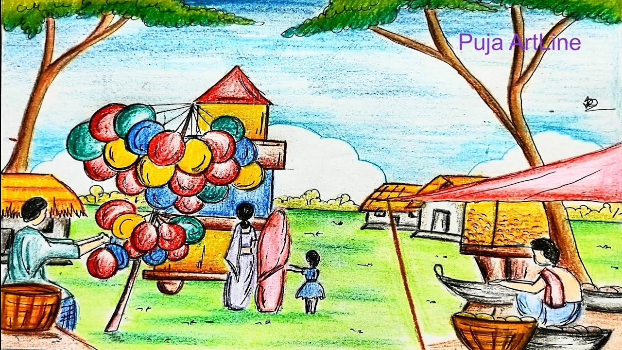 Rath yatra scenery drawing steps/Village fair drawing/Ratha Yatra ...