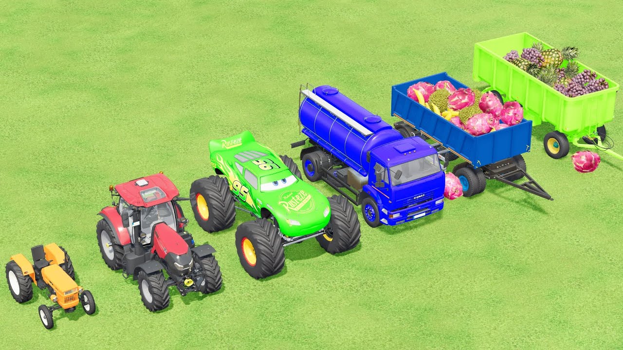 Tractor fiat & TANK Truck & John DEERE & MCQUEEN TRANSPORT BATTLE with EXCAVATOR Tank! FS22 ...