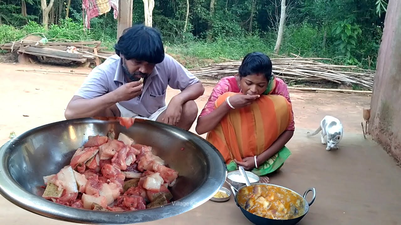 PORK GRAVY RECIPE village style || pork cooking in tribe people || pork ...