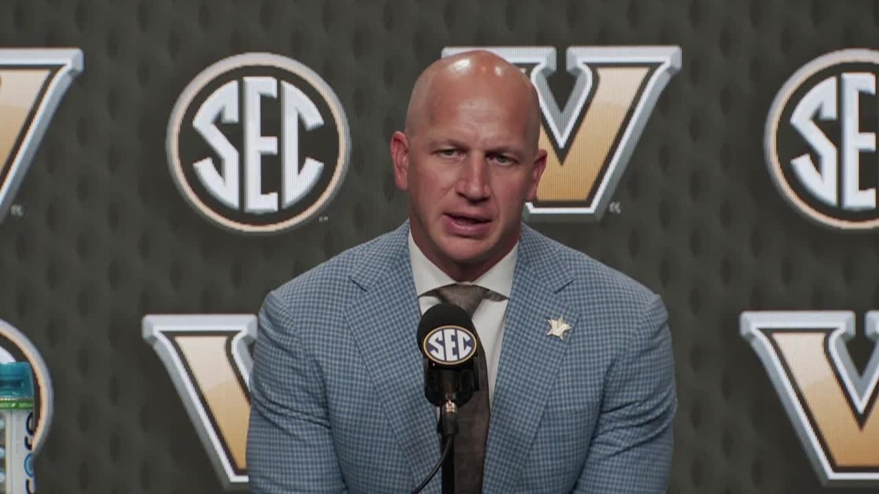 Vanderbilt head coach Clark Lea takes the stage for 2024 SEC Media Days ...