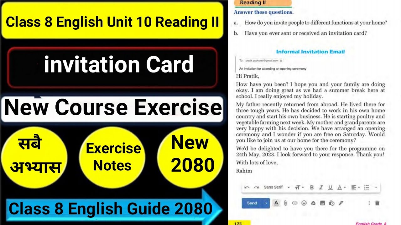 Class 8 English Unit 10 Reading II invitation Card All Exercise Notes ...