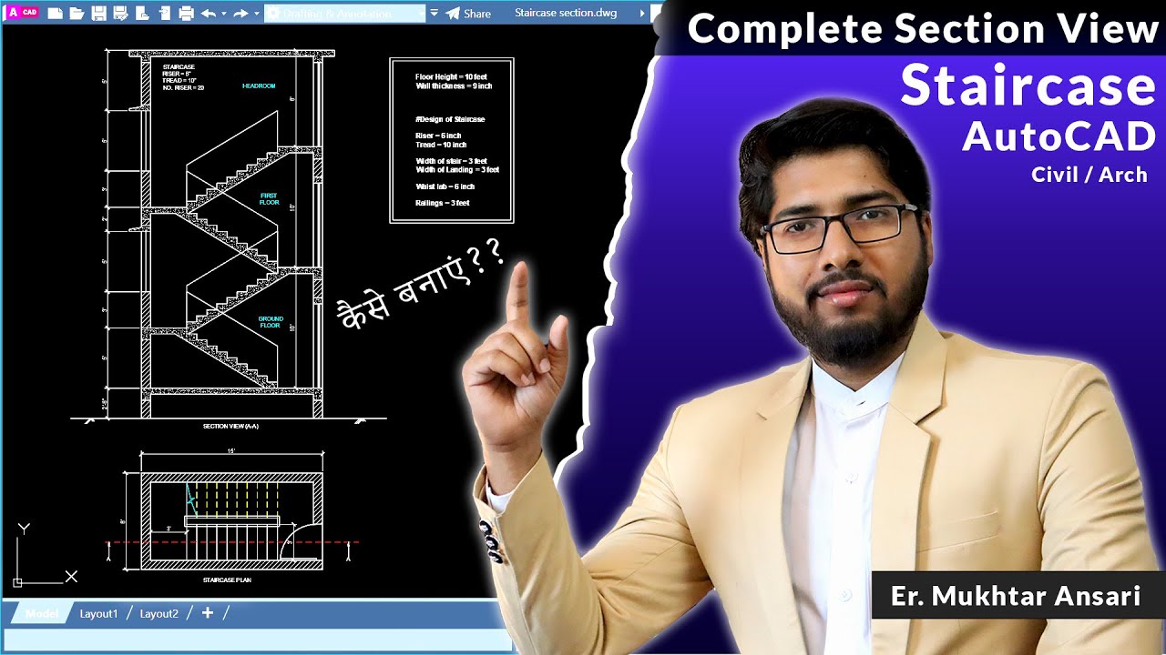 Section & Elevation of Staircase in AutoCAD | Complete Design of ...