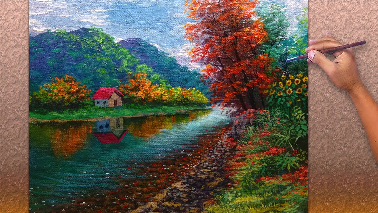 Easy Acrylic Landscape Painting Tutorial / Riverside Sun Flowers / Fine ...