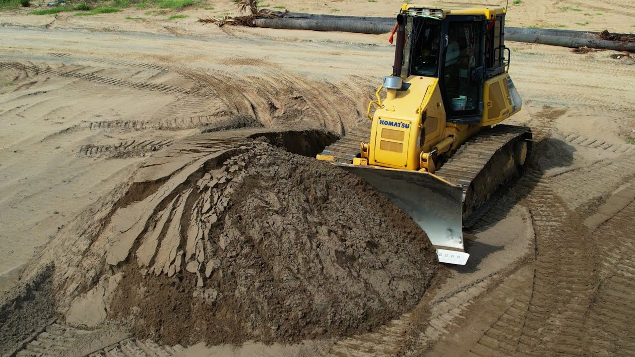 Make Terrace With Mini Bulldozer Komatsu Working Pushing Sand - Dump ...
