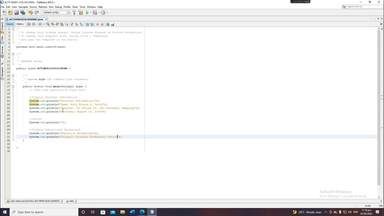 1st Java Program - Personal Information - YouTube