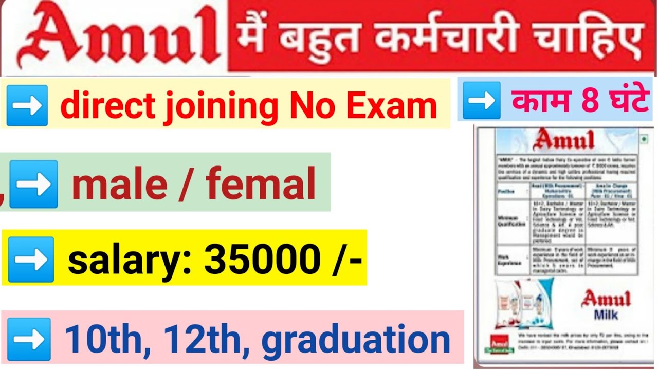 Amul में निकली भर्ती || Amul vacancy 2024 || company job vacancy 2024 ...
