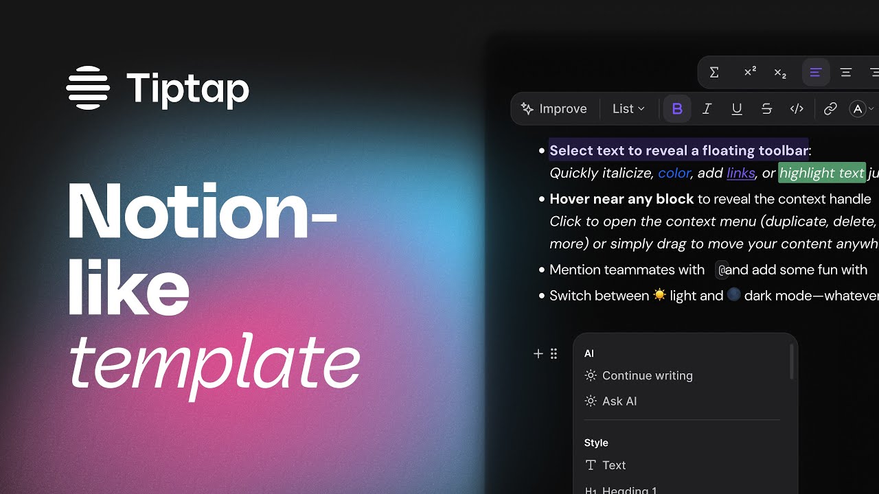 Meet the Notion‑Like Template – powered by Tiptap Cloud - YouTube