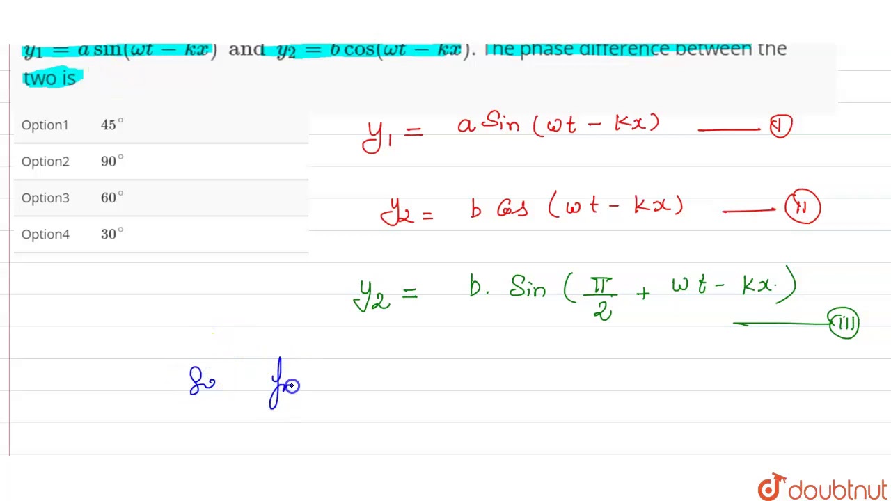 Two SHMs are respectively represented by `y_(1)=a sin (omegat-kx) and ...