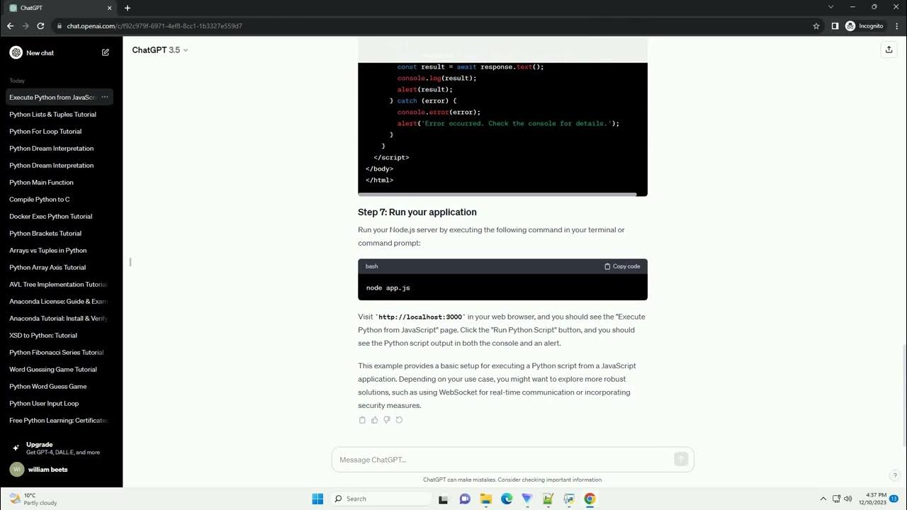 execute python file from javascript - YouTube