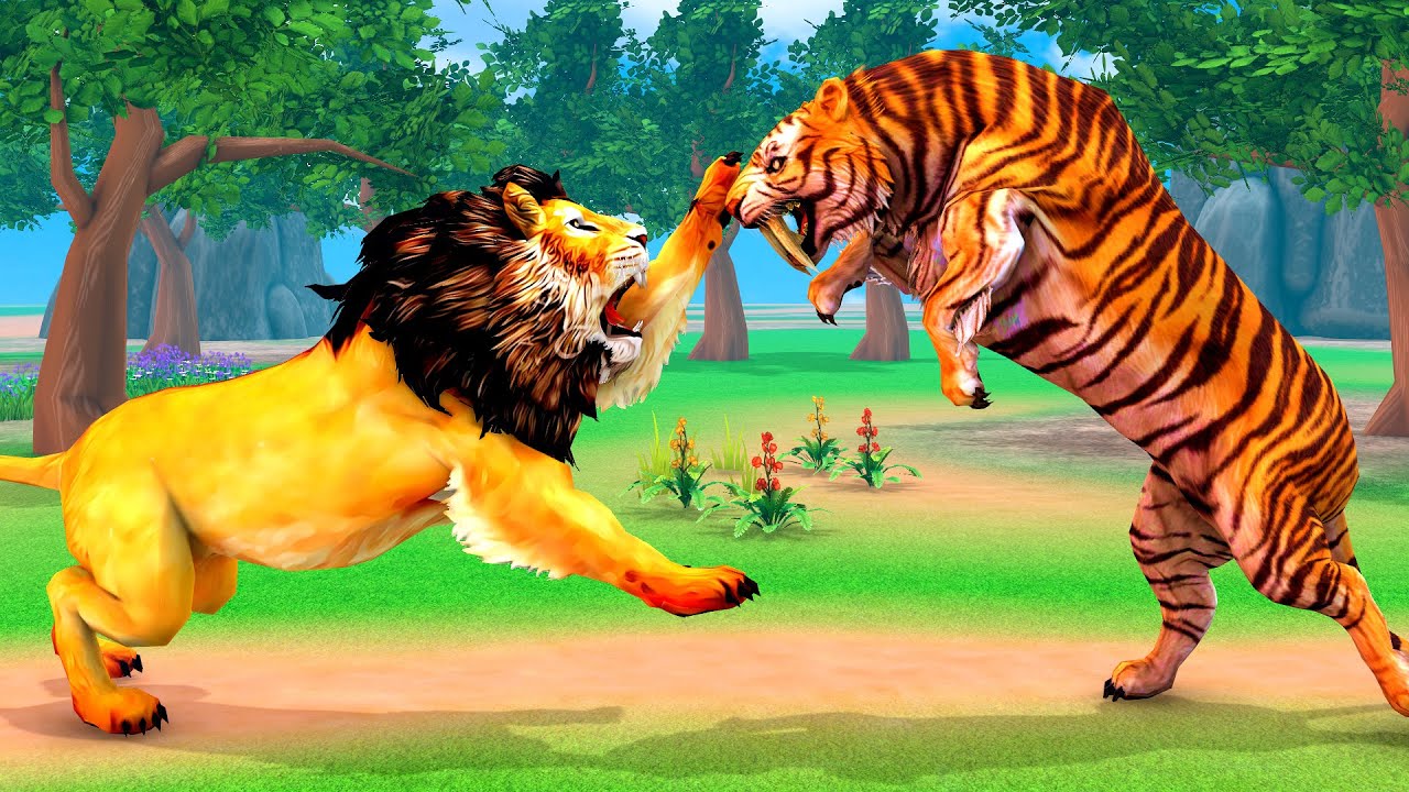 King Lion Vs Tiger Animal Fight | 3D Cartoon Wild Animals Attack Farm ...