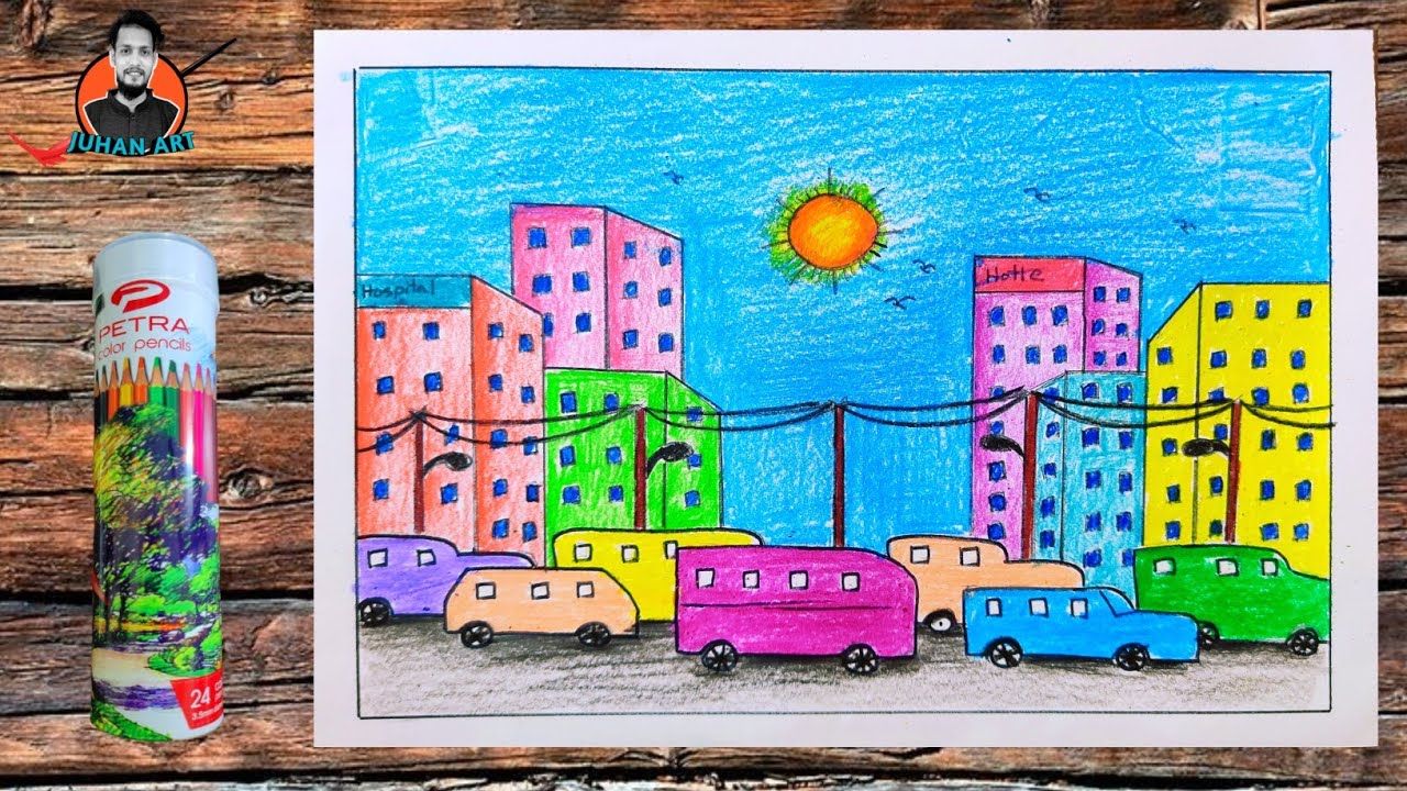 How to draw a city scenery drawing ||step by step ||easy city scenery ...