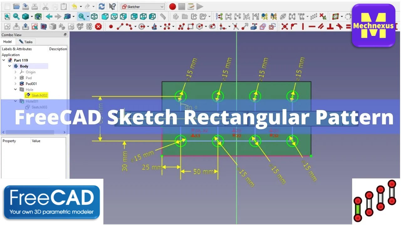 Freecad Sketch Rectangular Pattern Freecad Tutorial Freecad Beginner Tutorial Mechnexus