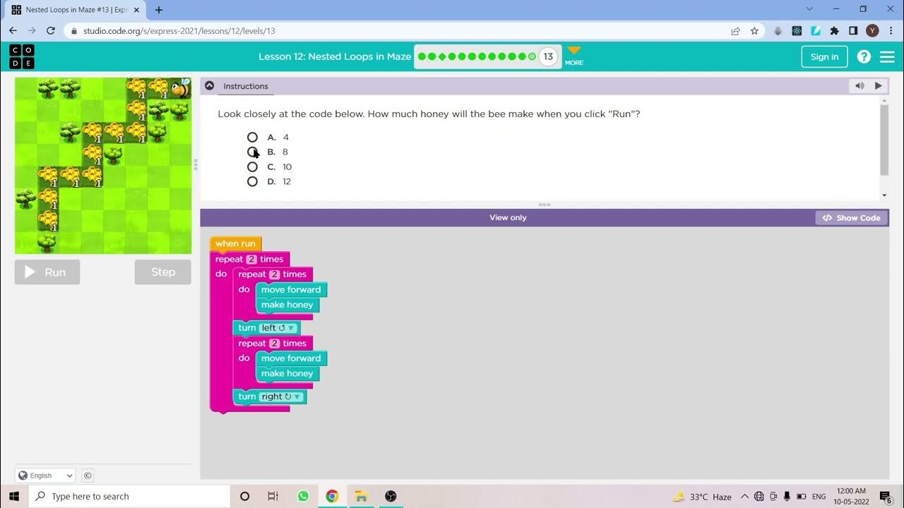 L12-13 |Code.org | Express-2021 | Lesson 12: Nested Loops in Maze | level 13 - YouTube