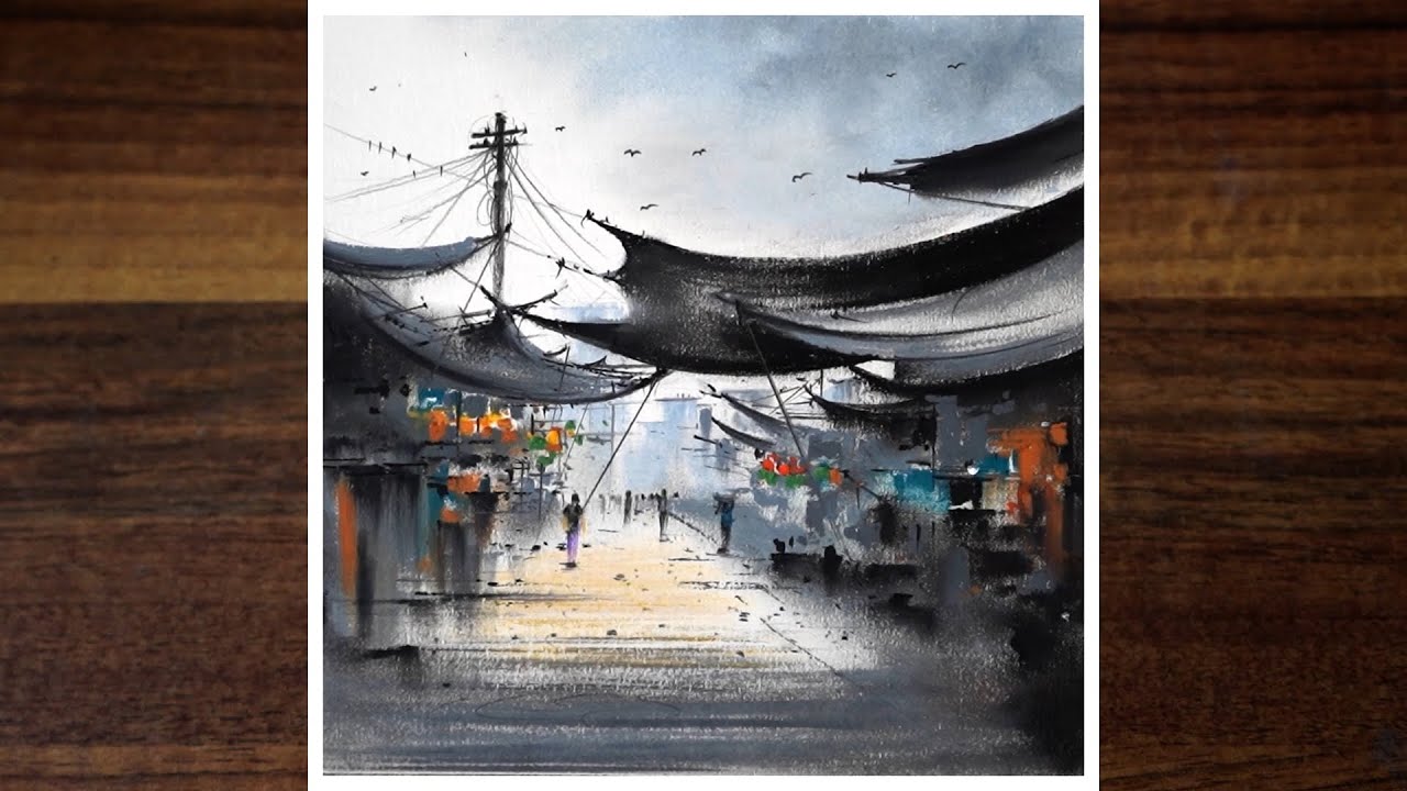 How to draw a market using oil pastel // step by step drawing tutorial ...