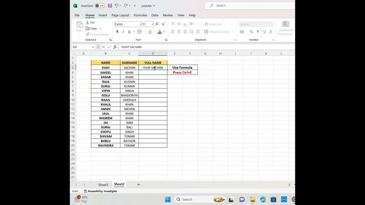Flash Fill-Full Name Excel Tips #shorts #youtubeshorts - YouTube