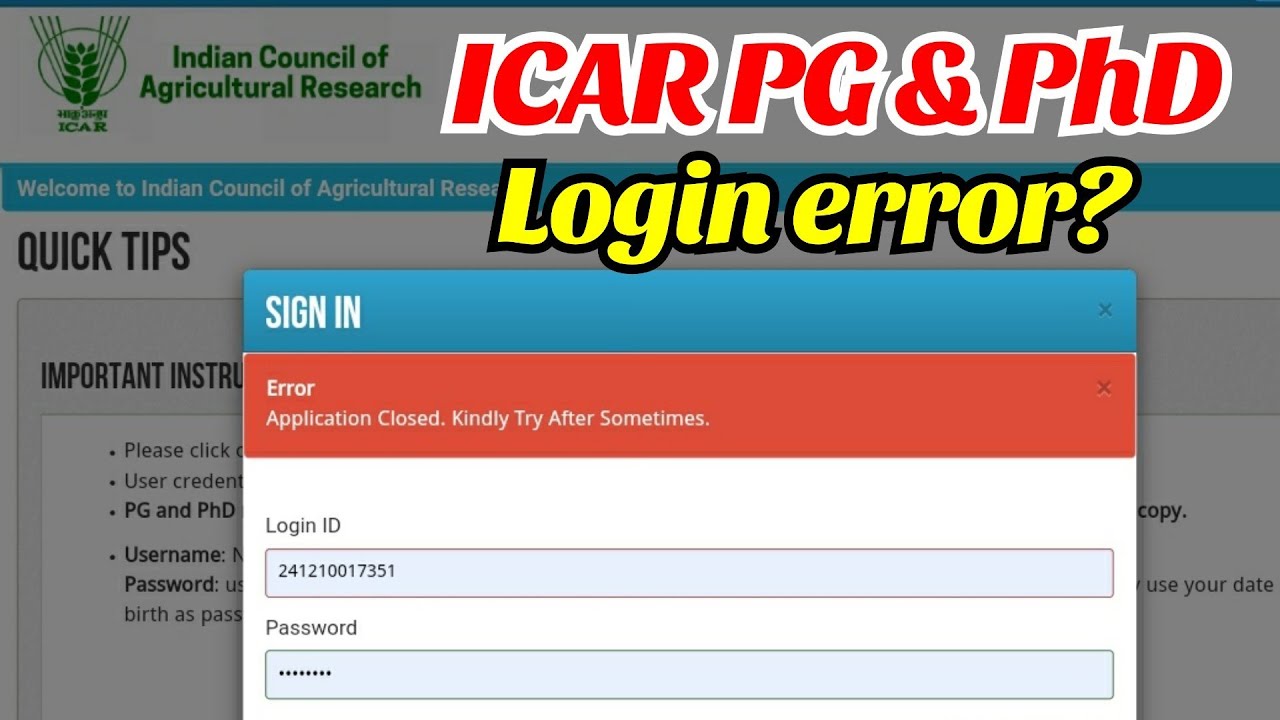 ICAR PG & PhD applicant login error? | Application closed? | ICAR seat ...