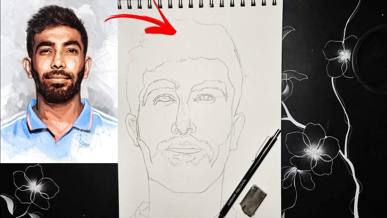 Jasprit Bumrah drawing , How to draw jasprit Bumrah , Outline tutorial ...