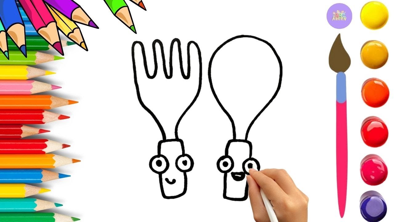 How To Draw cute Spoon and Fork Drawing, Painting & Coloring For Kids ...