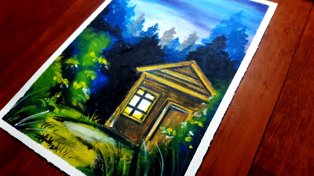 HOW TO DRAW SCENERY OF MIDNIGHT FOREST HOUSE STEP BY STEP WITH OIL ...