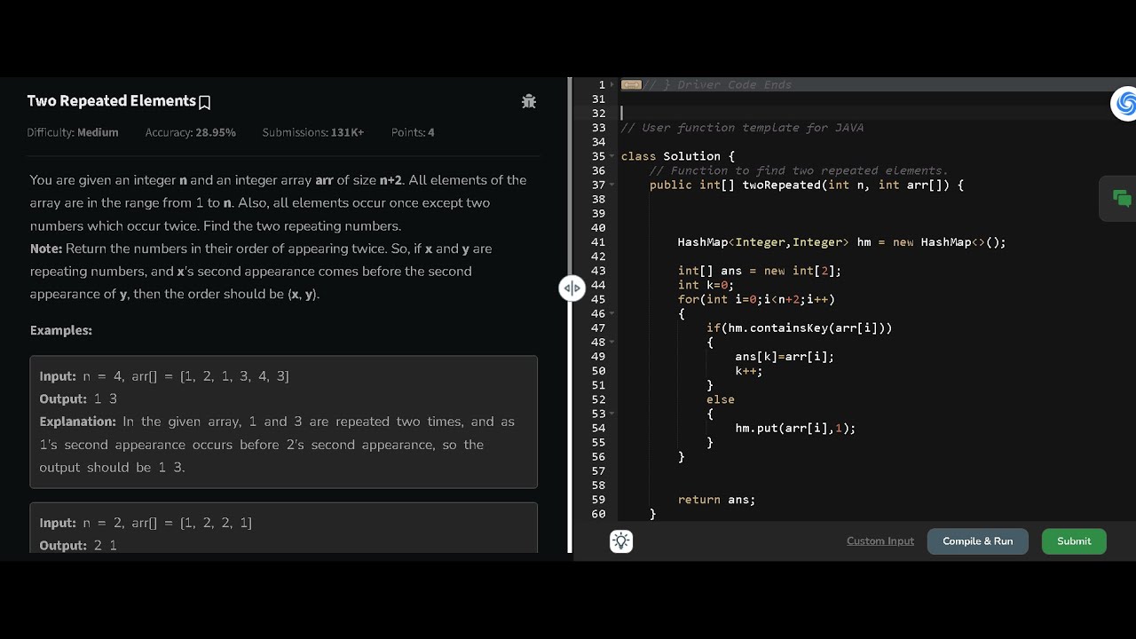 Find the two repeating element in a given array - YouTube