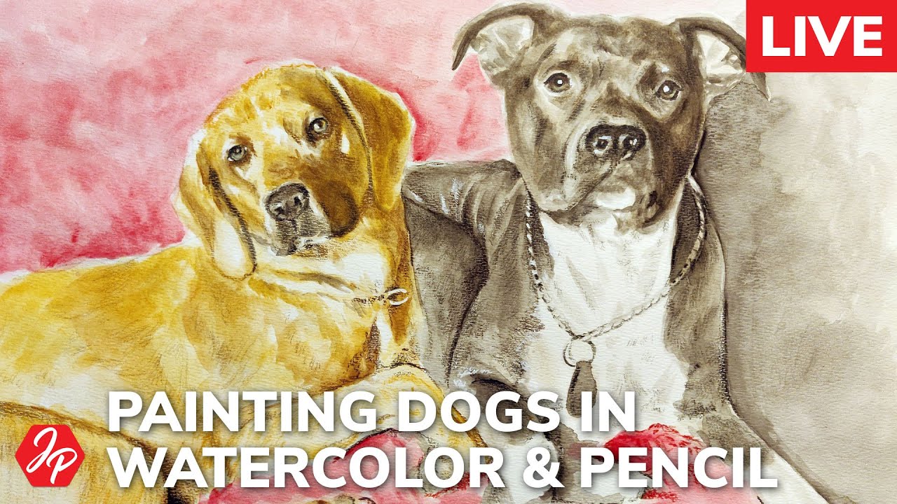 Paint dogs in watercolor and colored pencils, continuing work on Bandit ...