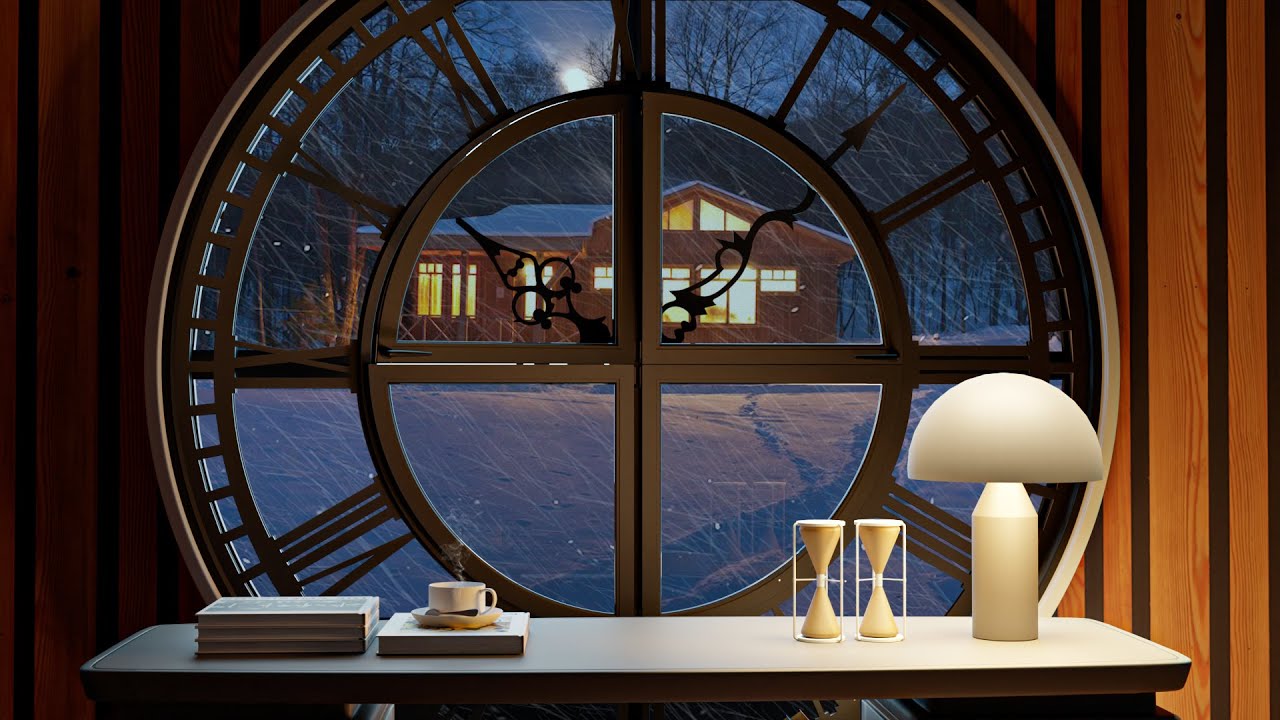Winter Ambience ️️ winter window snow scene. Cold snowstorm & Fireplace ...