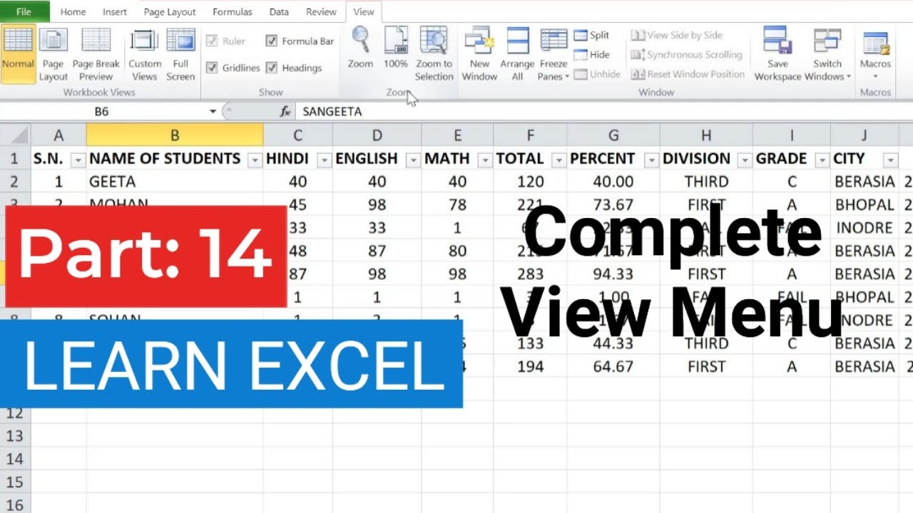 Ms Excel View Menu All Options| Views |Zoom| Hide Formula bar |Freeze ...