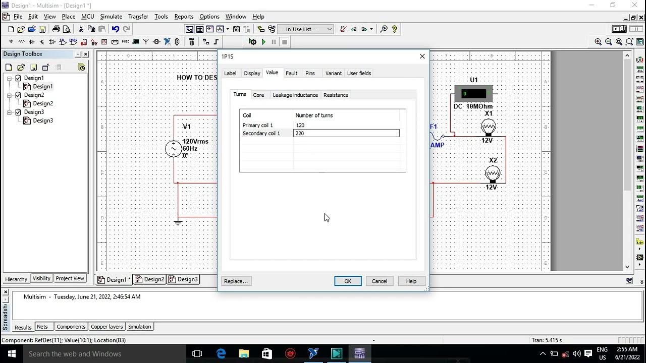 How to design step-up transformer in multisim - YouTube