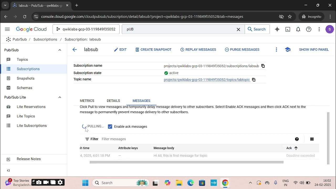 Create topic, subscription and handle messages using cloud console interface GCP , Basics of ...