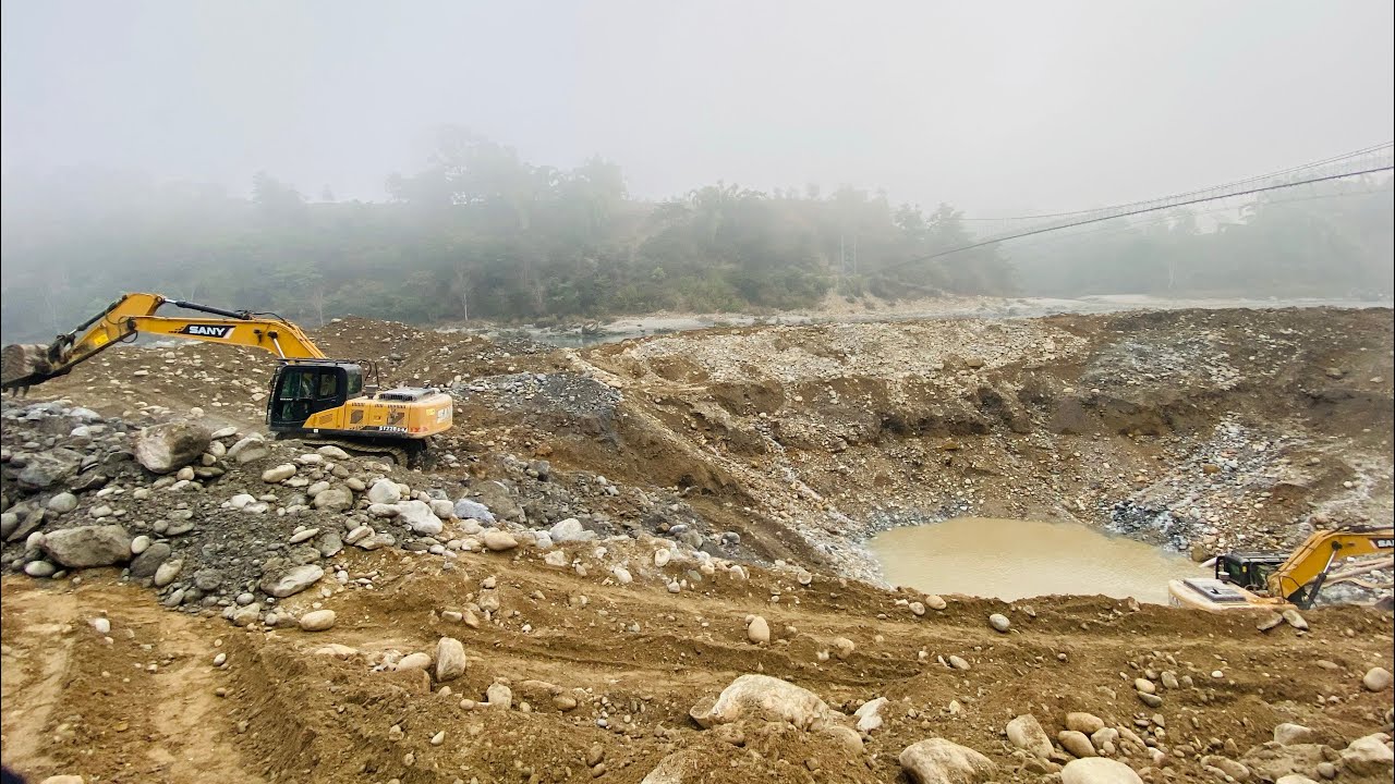 Excavator digging hole for the pillar of the bridge Part-2 - YouTube